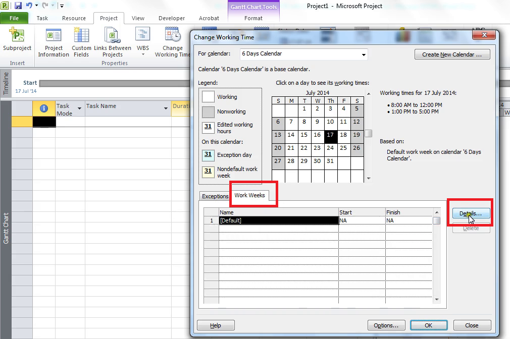 How to set the Global Calendar in MS Project 2010