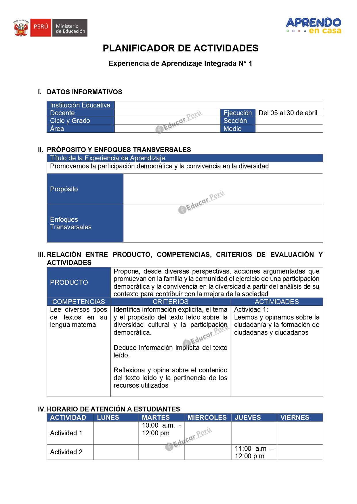 Planificador de Actividades de la Experiencia de Aprendizaje 2021 ~ Educar Perú
