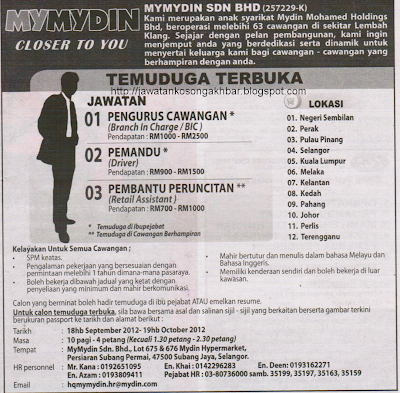 JAWATAN KOSONG (KERATAN AKHBAR): TEMUDUGA TERBUKA DI MYMYDIN SDN BHD