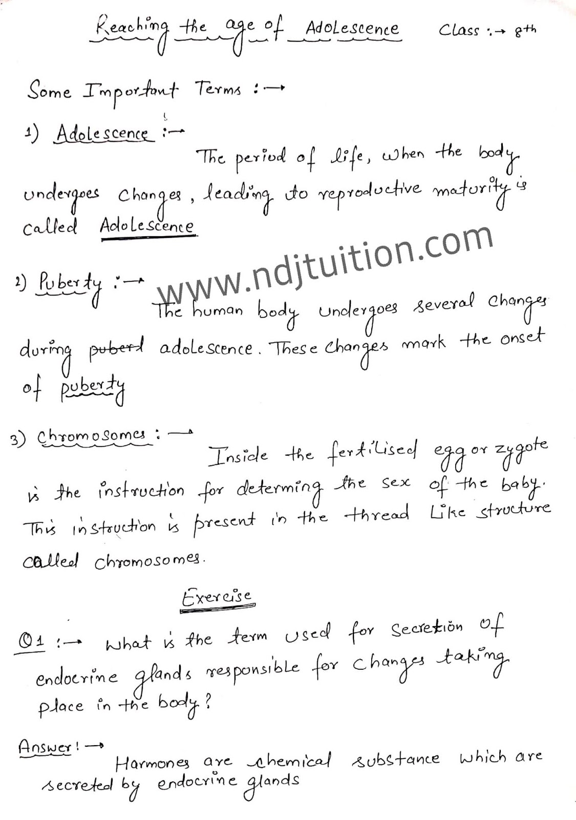 Reaching the Age of Adolescence Handwritten Notes For 8th Class Science
