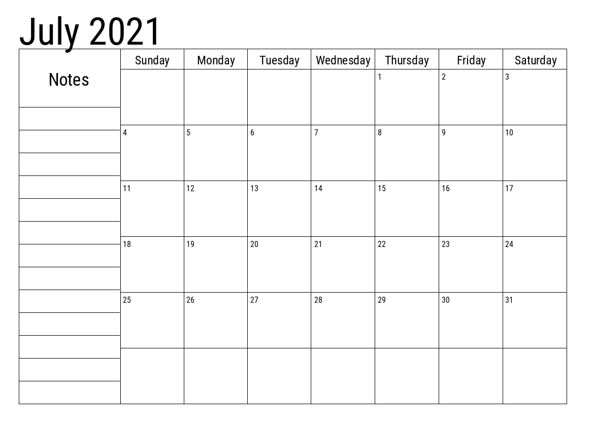 July 2021 Calendar Blank