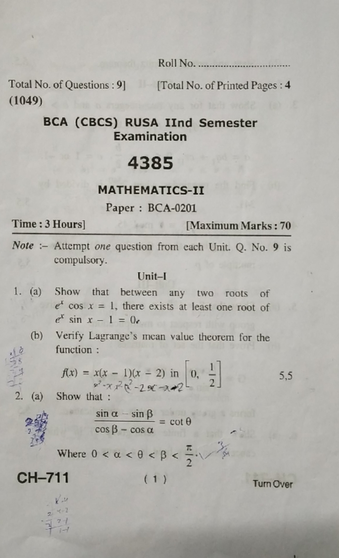 BCA Mathematics-II Question Paper HPU
