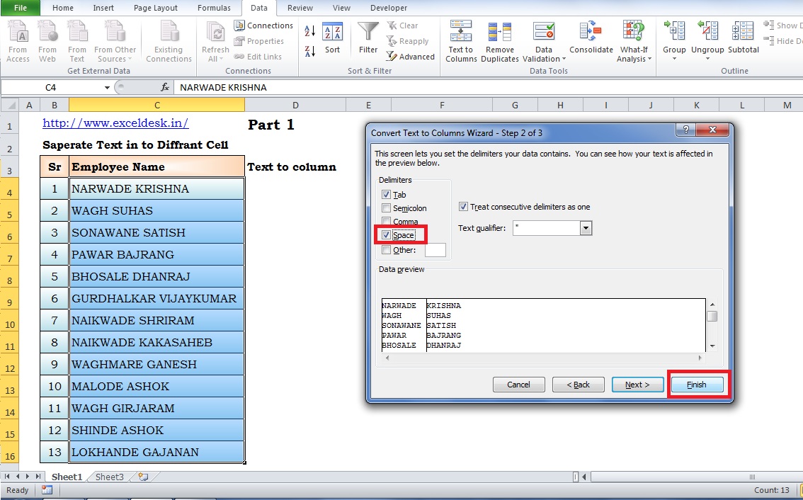 Convert Separate Text To Column By Space Using Function Text To Column Excel Desk