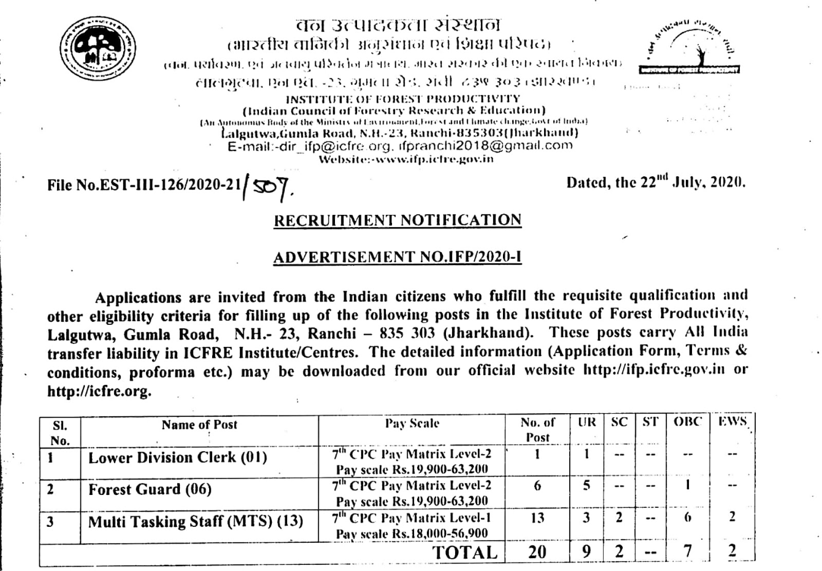 IFP ICFRE Recruitment 2020 for for MTS, Forest Guard and LDC Posts form