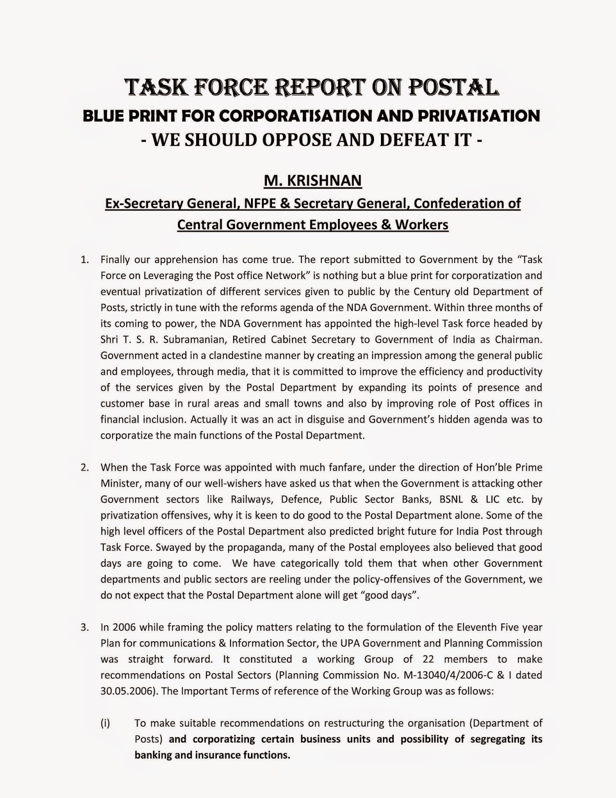 ALL INDIA POSTAL EMPLOYEES UNION - GDS (NFPE): TASK FORCE REPORT - A ...