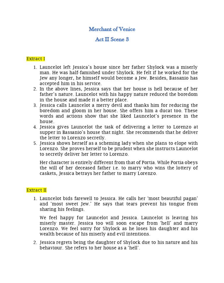 Merchant of Venice Act 1 Scene 3 to Act 2 Scene 4 PDF