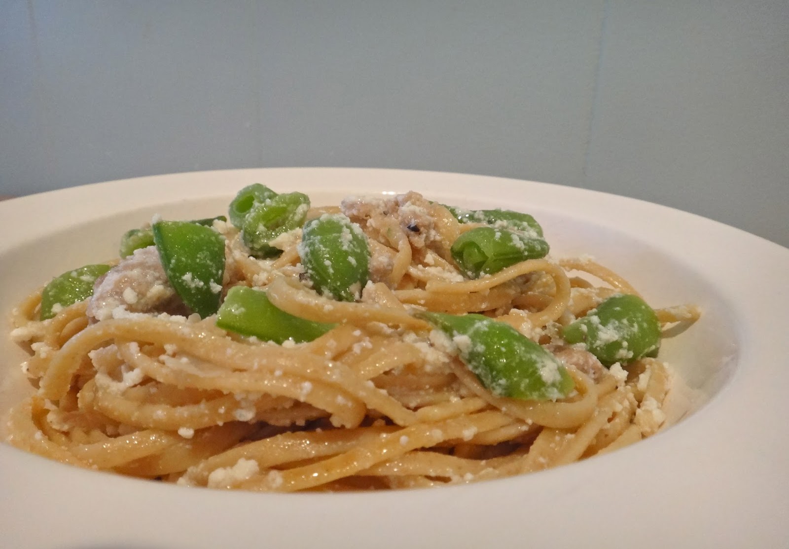 Spaghetti with Snap Peas, Turkey Sausage and Ricotta