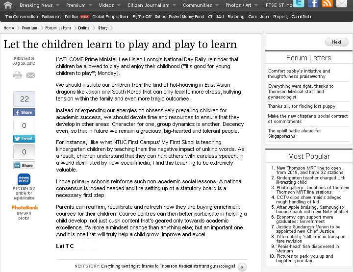 A Singaporean Talk Box: Forum Letter 1: Let Children Play