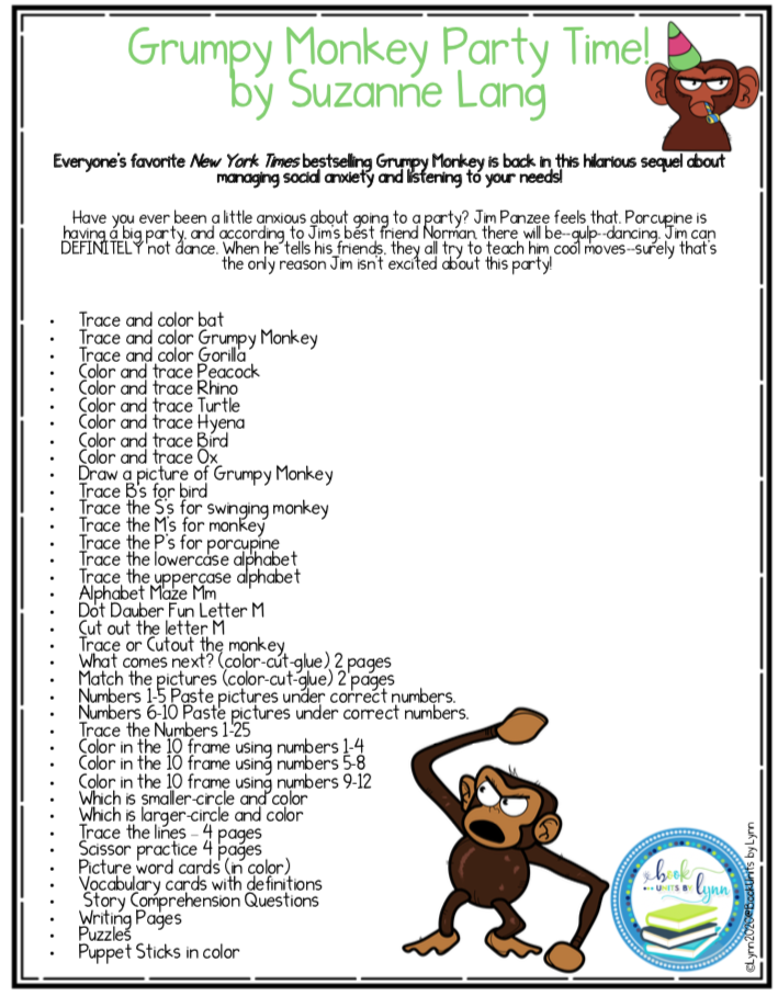 GRUMPY MONKEY PARTY TIME! BOOK UNIT ~ Book Units by Lynn