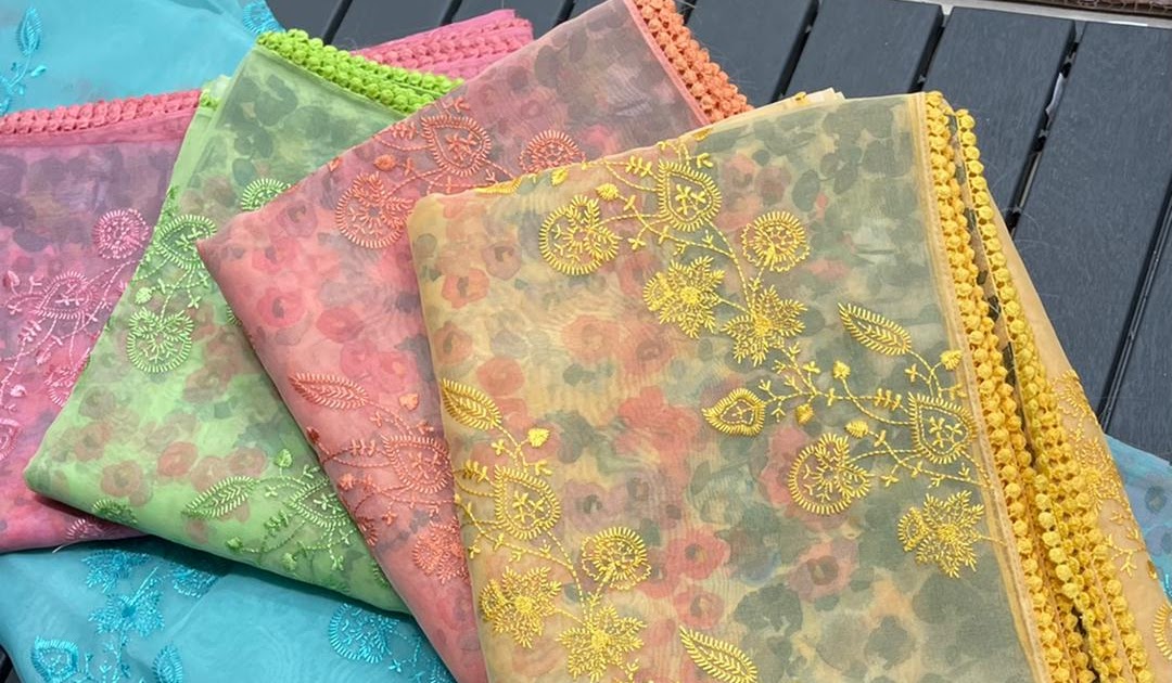 Organza chickenkari work sarees
