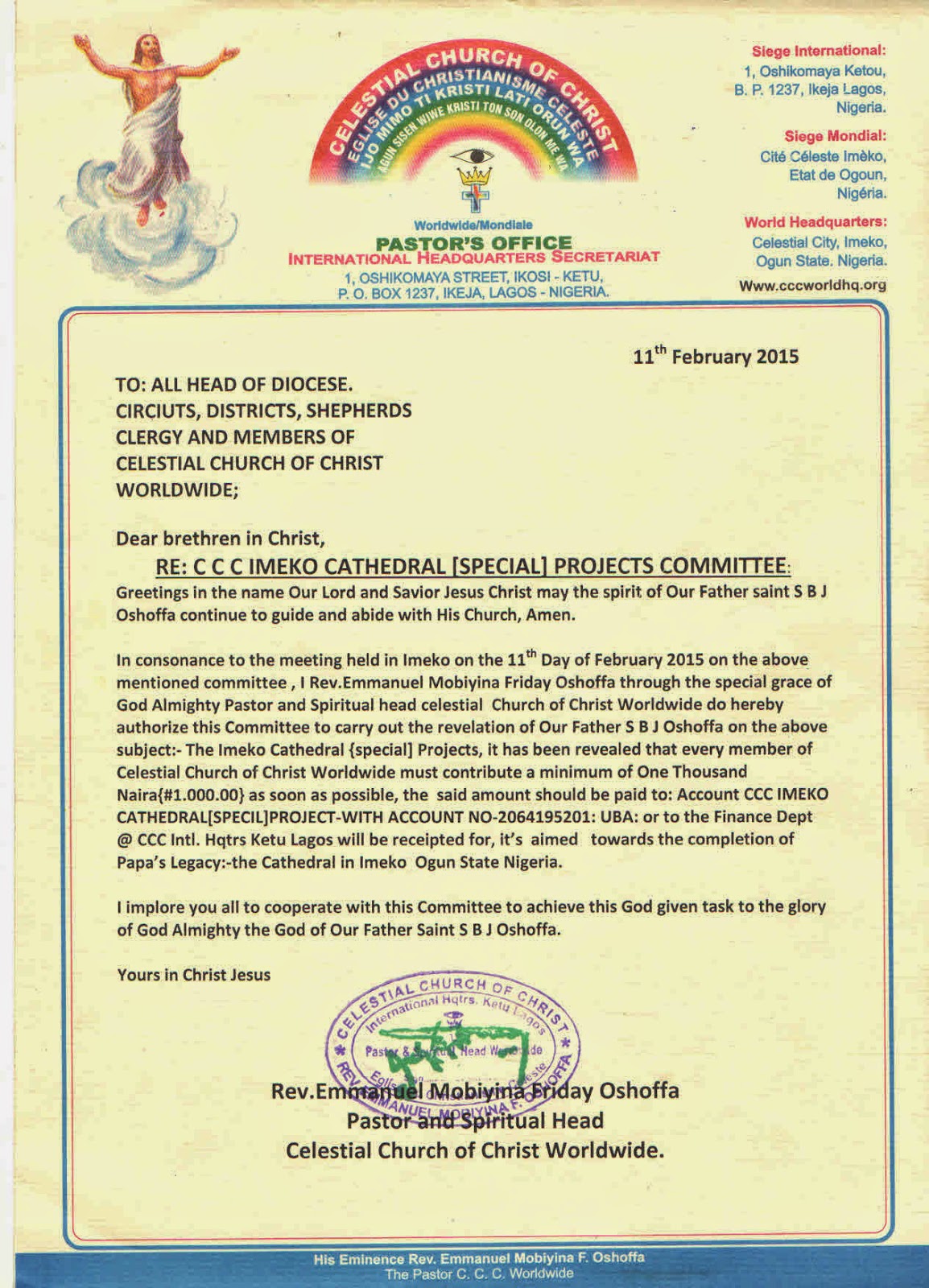 CCC. IMEKO CATHEDRAL PROJECT: Progress on the Building of Imeko Cathedral.