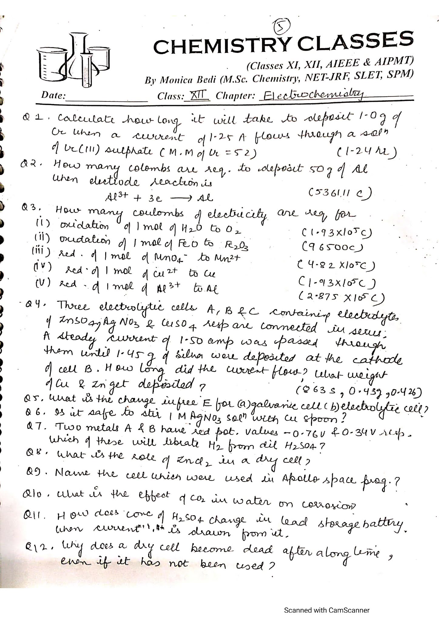 Chapter 3- Electrochemistry Class 12 Handwritten Notes PDF download