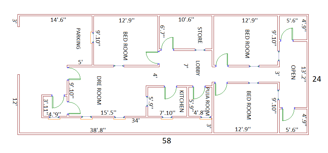 House Plan for 24 Feet by 58 Feet plot - 1392 sqft Home Design - 24 X ...