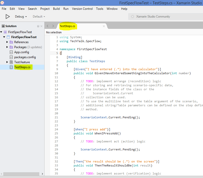 C# Xamarin Studio - SpecFlow configuration, creating sample feature ...
