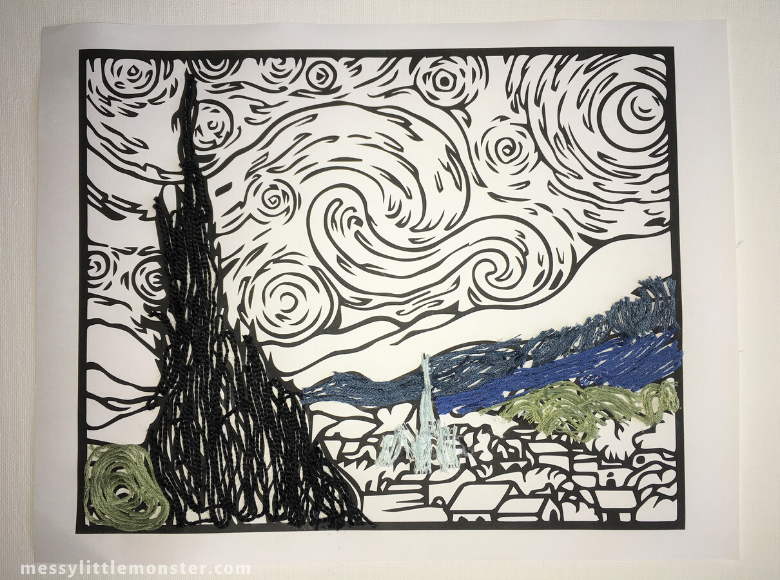 Van Gogh Starry Night Inspired Yarn Craft for Kids (printable included) - Messy Little Monster