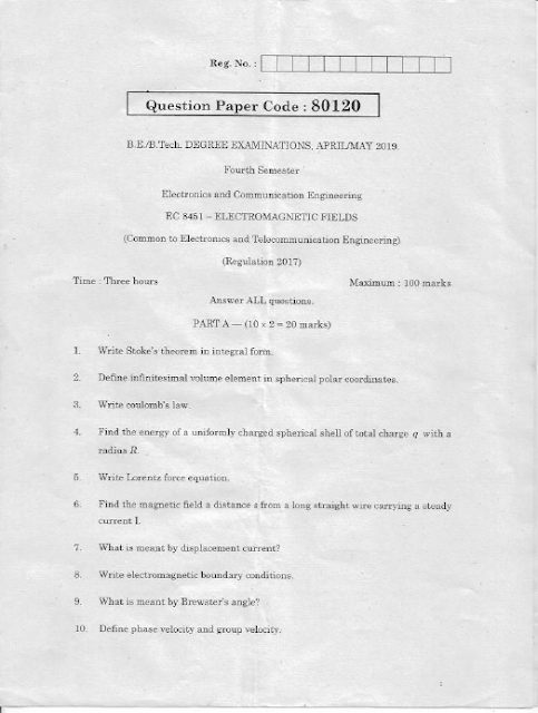 Anna University EC 8451 - ELECTROMAGNETIC FIELDS APRILMAY 2019 ...