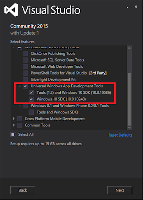 We can make custom installation of visual studio 2015 only for Windows ...