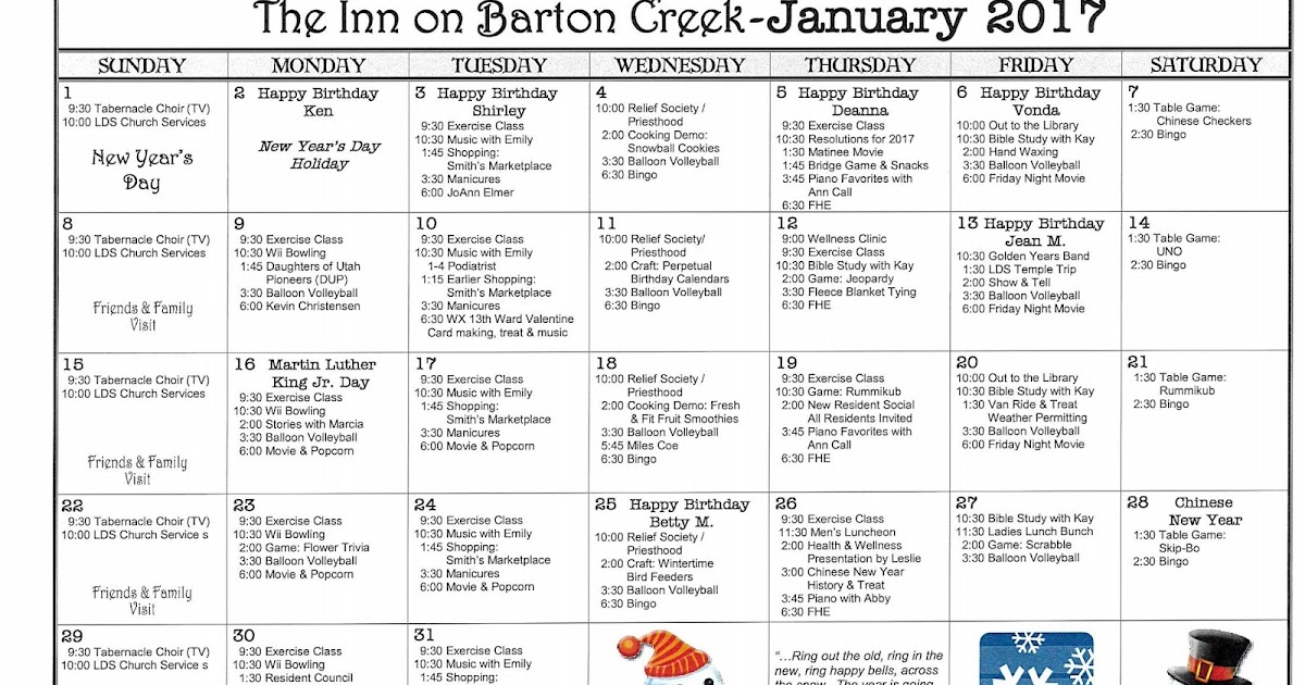 Barton Creek Assisted Living: January Activities Calendar