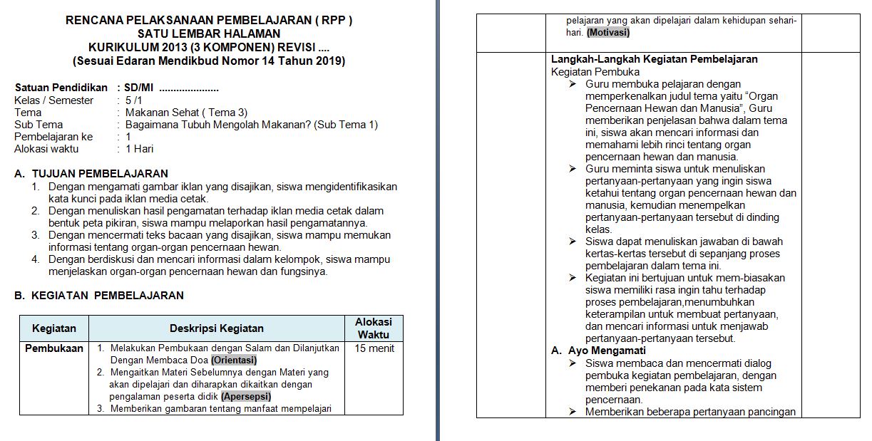 RPP Kelas 5 Tema 3, 1 Lembar Halaman Kurikulum 2013 Tahun 2020 ...