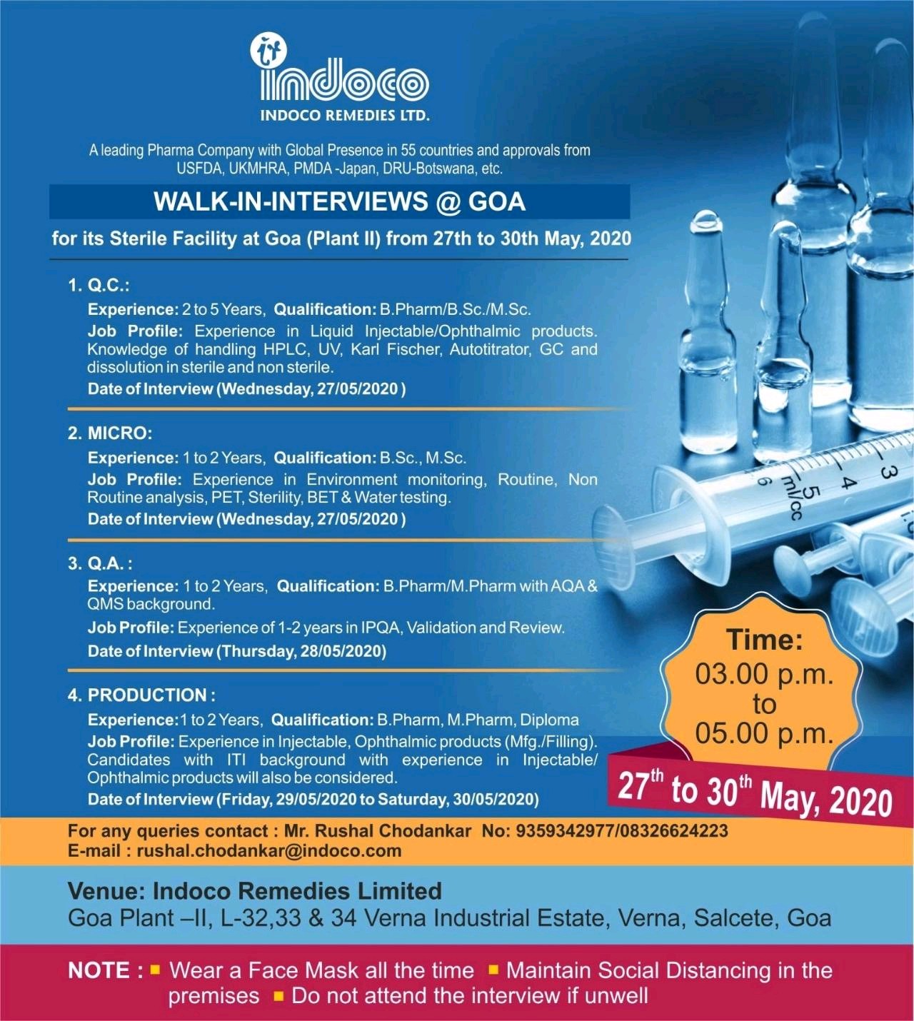 Indoco Remedies Goa interview in 2020 May 27th to 30th for Production ...