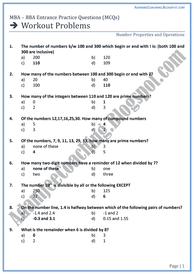 Adamjee Coaching: Workout Problems - Entrance Practice Questions - MBA BBA