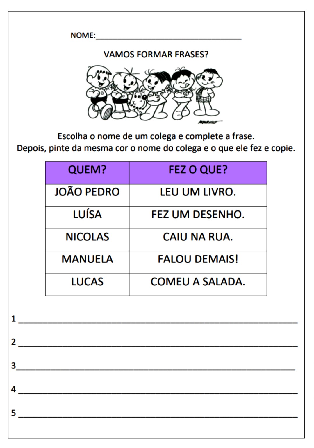 Frases Formando frases com a Turma da Mônica... ~ Atividades para Jardim