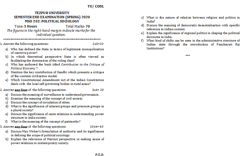 TEZPUR UNIVERSITY (TU/CODL) SEMESTER END MSO 202: POLITICAL SOCIOLOGY ...