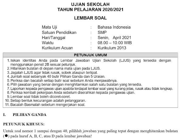 Soal dan Kunci Jawaban Ujian Sekolah Bahasa Indonesia SMP Tahun ... Soal dan Kunci Jawaban Ujian Sekolah Bahasa Indonesia SMP Tahun ...