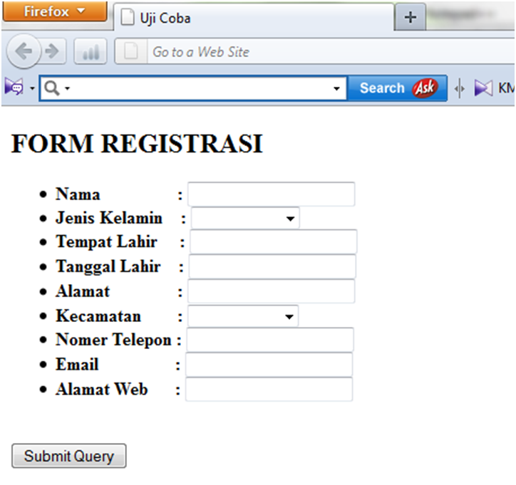 Form Registrasi menggunakan bahasa html | LEMBARAN KULIAHKU