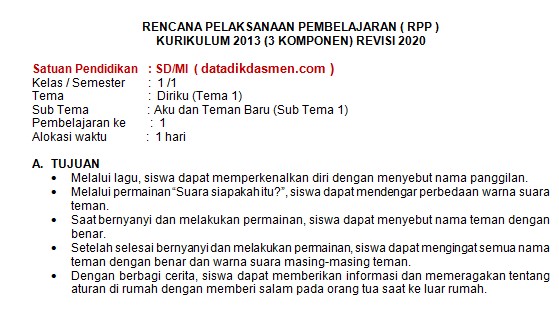 Format RPP 1 Lembar Kelas 1 SD/MI Semester 1 Tahun 2020 - Format ...