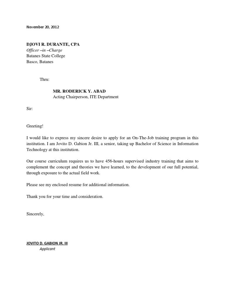 Ojt Application Letter - Formal Letter