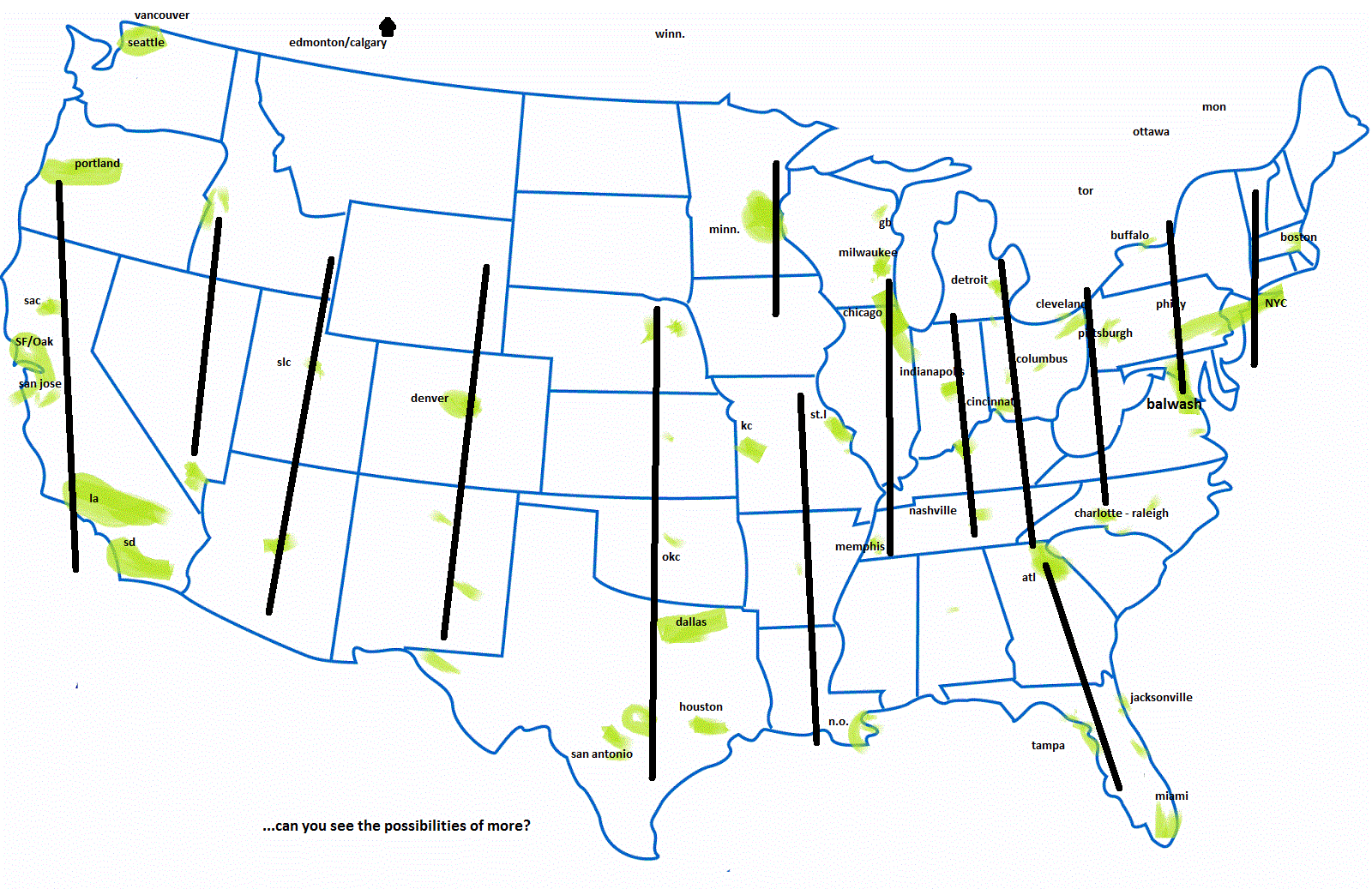 Next Major League Expansion Team: Map of N. American Big Pro Sports. 12 ...