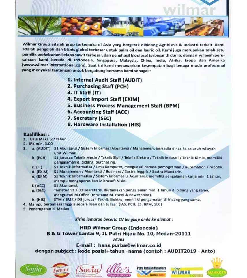 Lowongan Kerja Medan Terbaru di WILMAR GROUP Lowongan Kerja Medan Terbaru di WILMAR GROUP