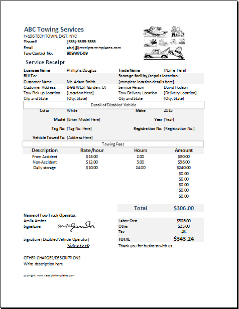 Towing Receipt - Invoice Template