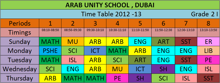 Arab Unity School | Grade 2 | Blog: Time Table