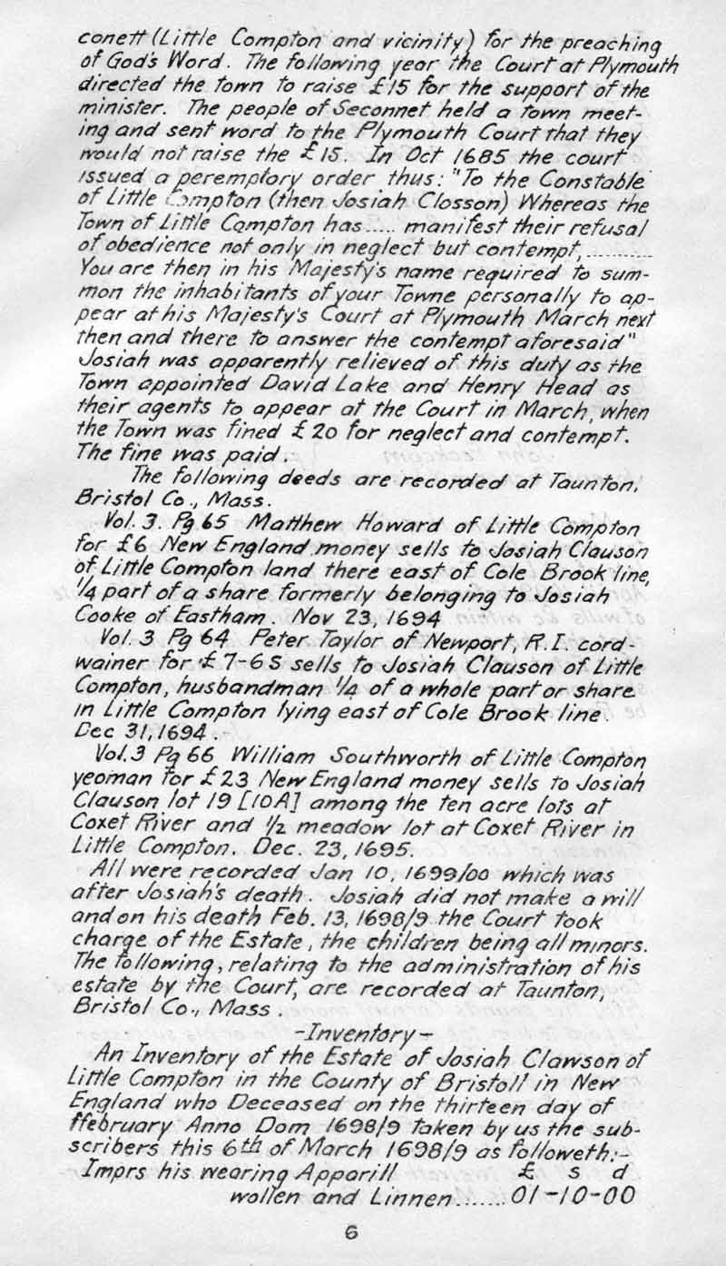 The Josiah Closson Family of New England by William G. Closson