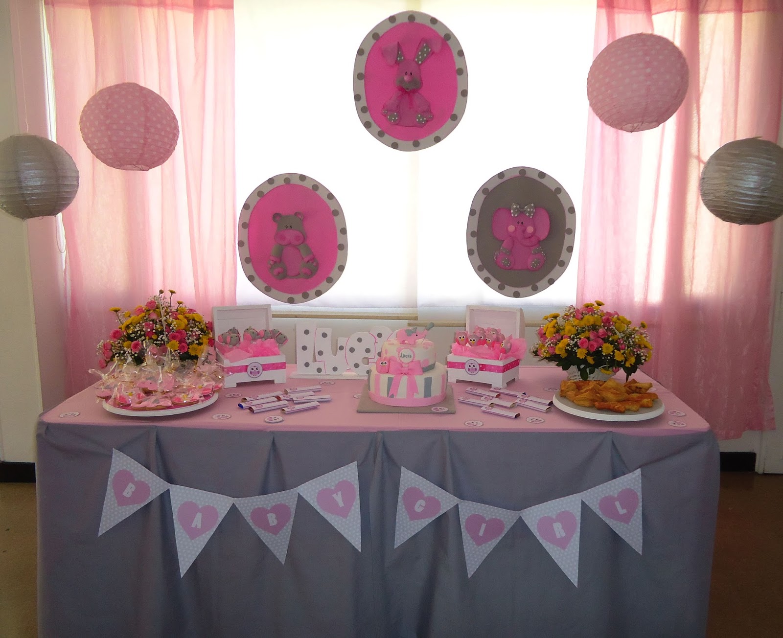 Beula decoraciones, decoracion de eventos tematicos e infantiles: Baby shower niña Rosado y Gris