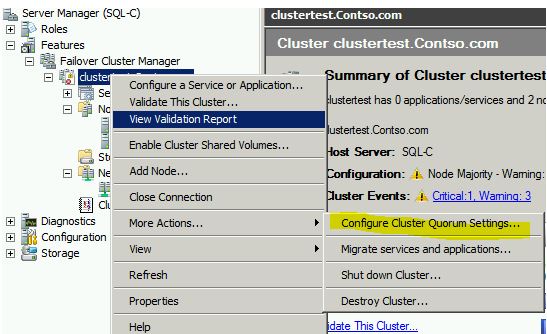 SQL Server: 2 nodes with Default Quorum (Node Majority) setup; Cluster ...