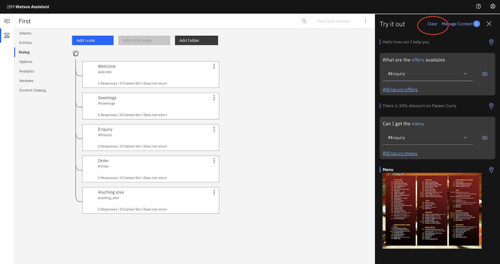Restaurant Chatbot using IBM Watson Assistant
