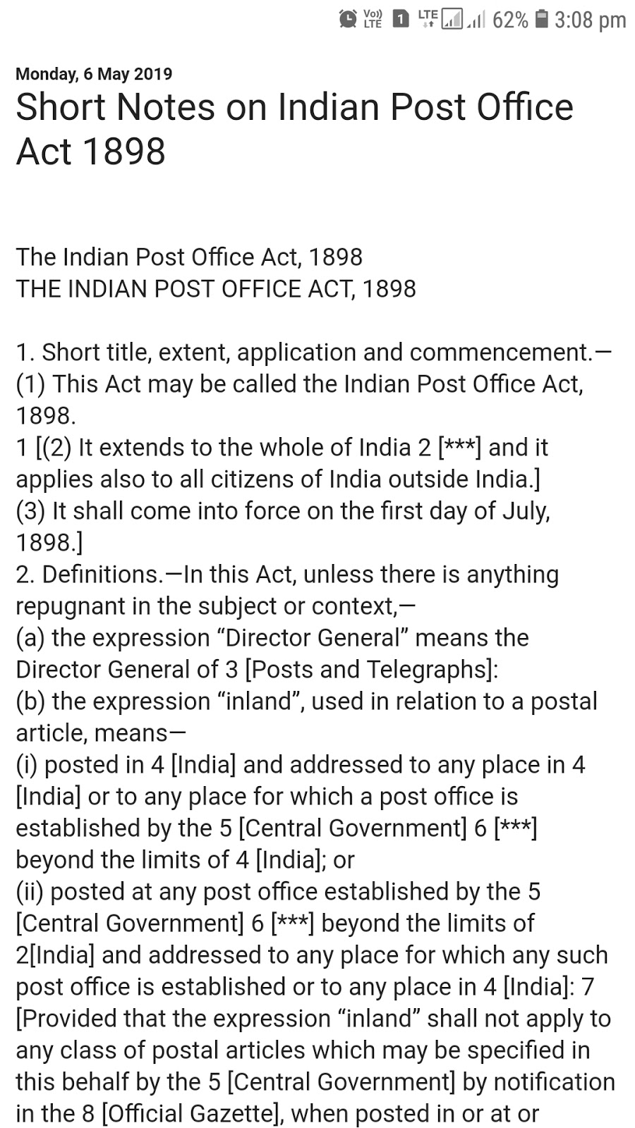 Postalnps : Short Notes on Indian Post Office Act 1898