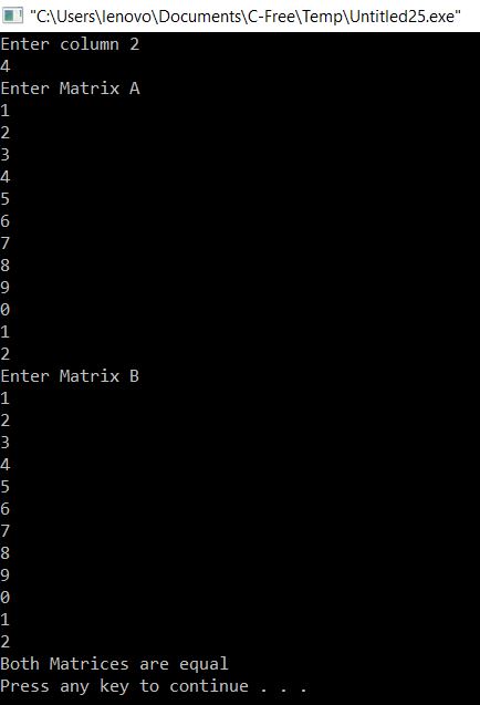 All C Programs: Check Whether Both Matrices are Equal or not