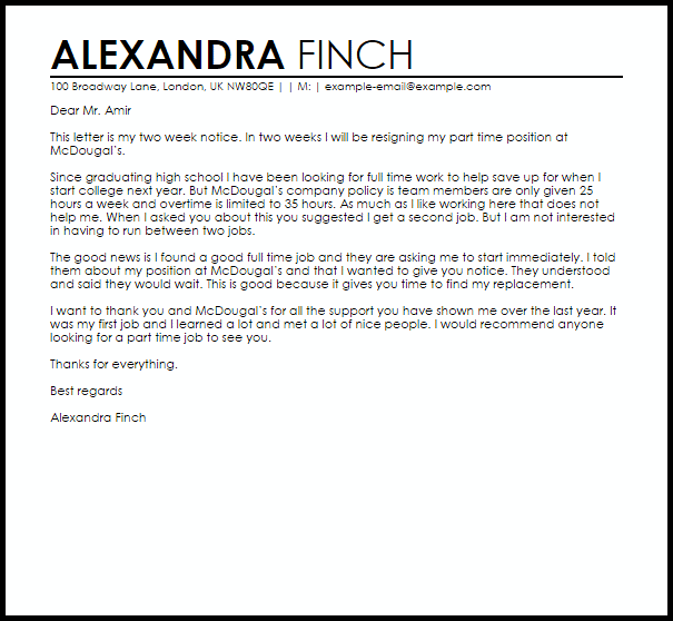 Part Time Job Resignation Letter - Invoice Template