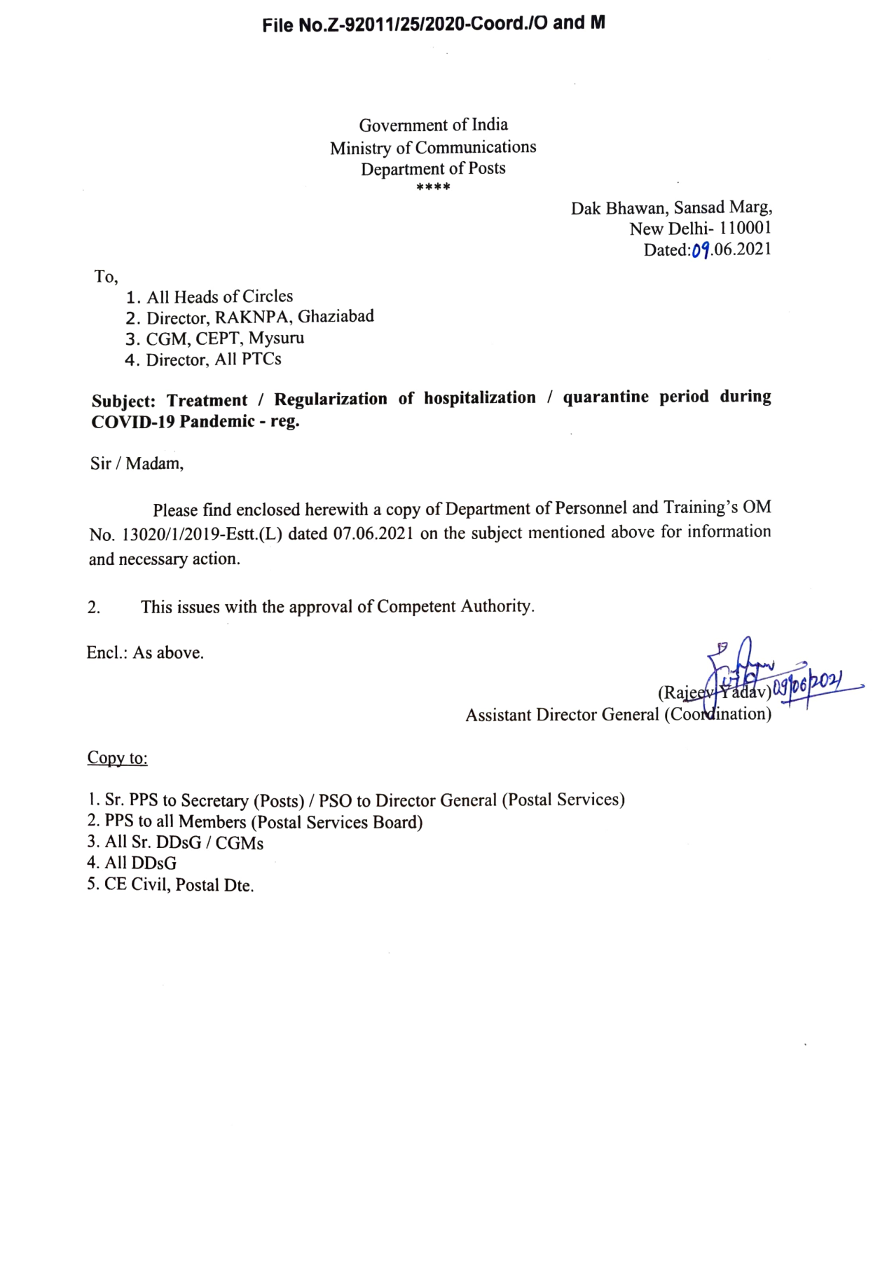 DoPT Leave Order in r/o treatment / hospitalization / quarantine during ...