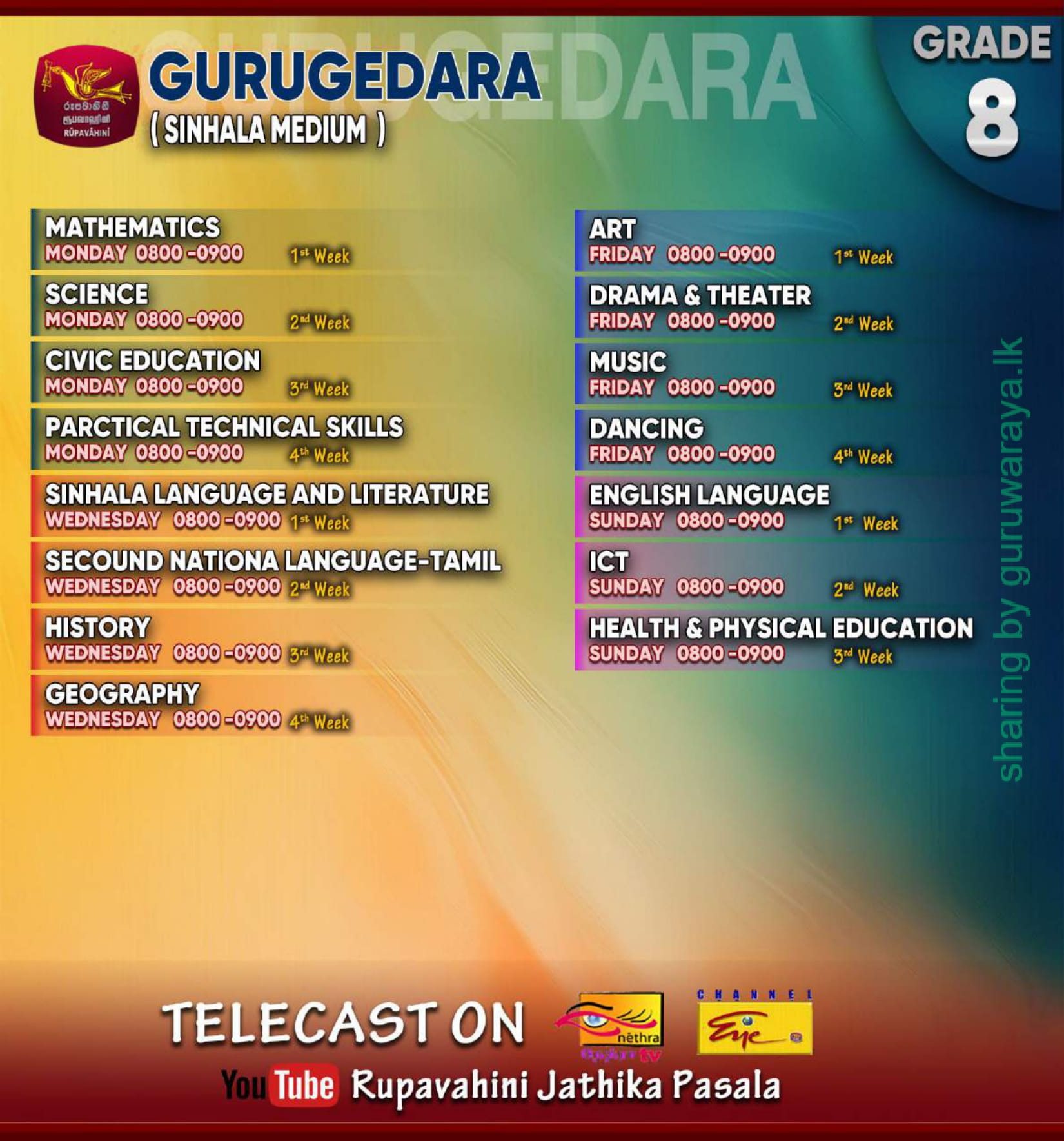 Channel EYE Education Time Table - Sinhala Medium - Teacher