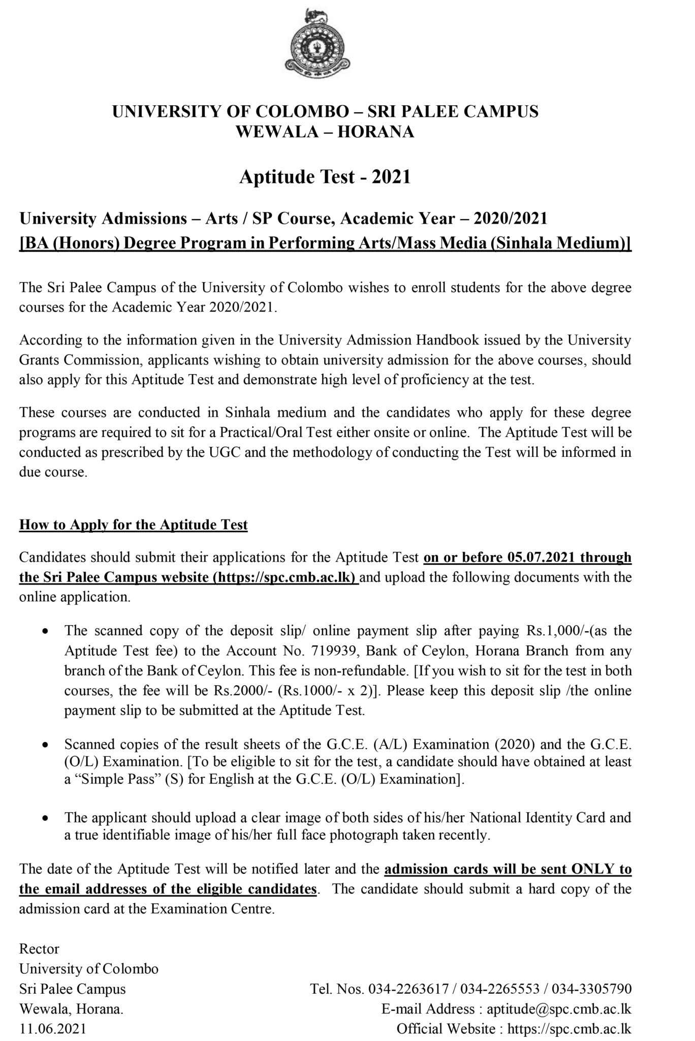 Sri Palee Campus Aptitude Test 2021 - Application Sri Palee Campus Aptitude Test 2021 - Application