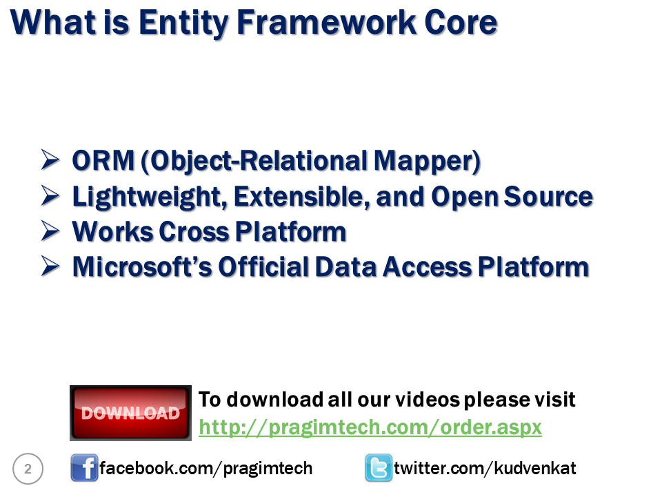 Sql Server Net And C Video Tutorial Introduction To Entity Framework Core Slides