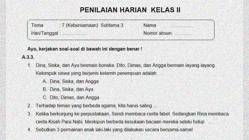 Soal Penilaian Harian Kelas 2 Tema 7 Subtema 3 dan Kunci Jawaban - SekolahDasar.Net