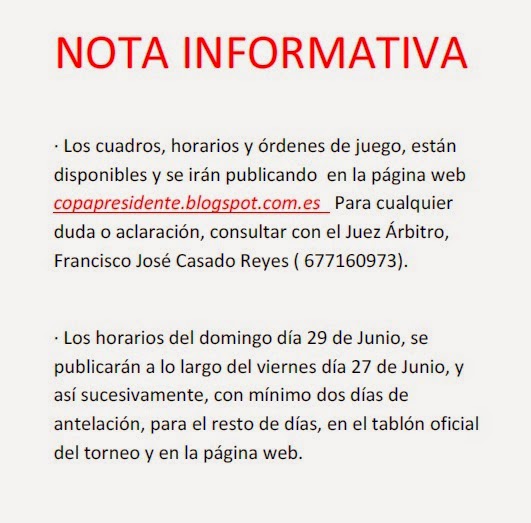 XXXIV COPA PRESIDENTE: Notas informativas de interés