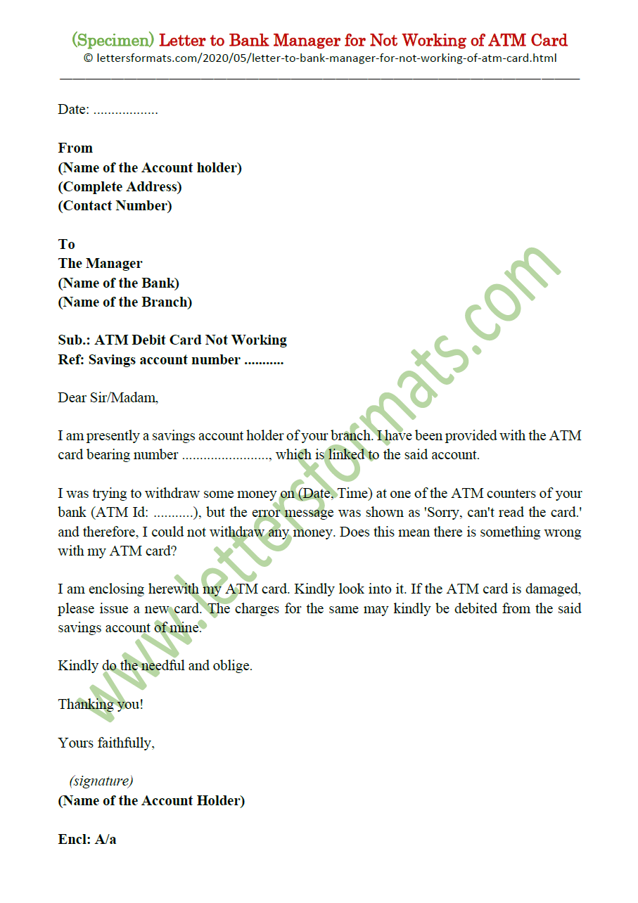Sample Complaint Letter to Bank for ATM Card Not Working Sample Complaint Letter to Bank for ATM Card Not Working