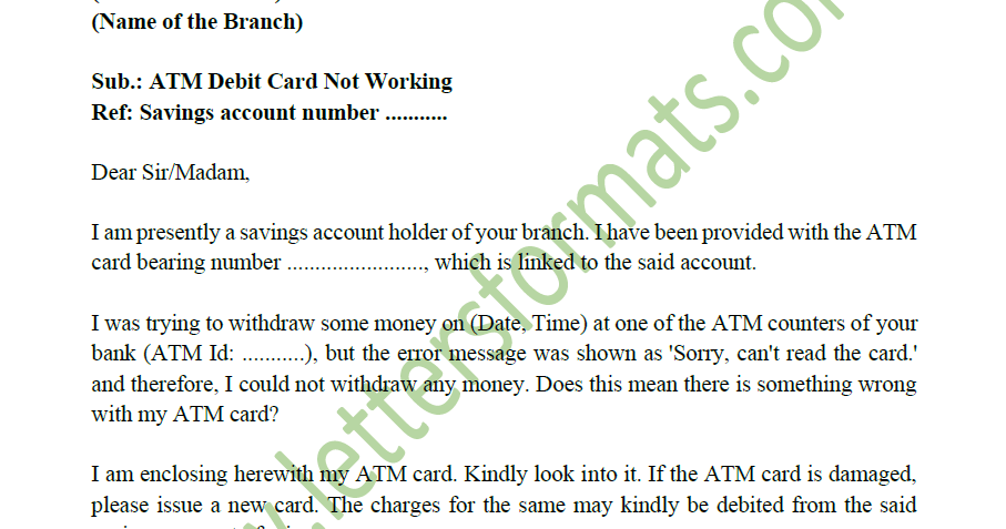 Sample Complaint Letter To Bank For ATM Card Not Working sample-complaint-letter-to-bank-for-atm-card-not-working